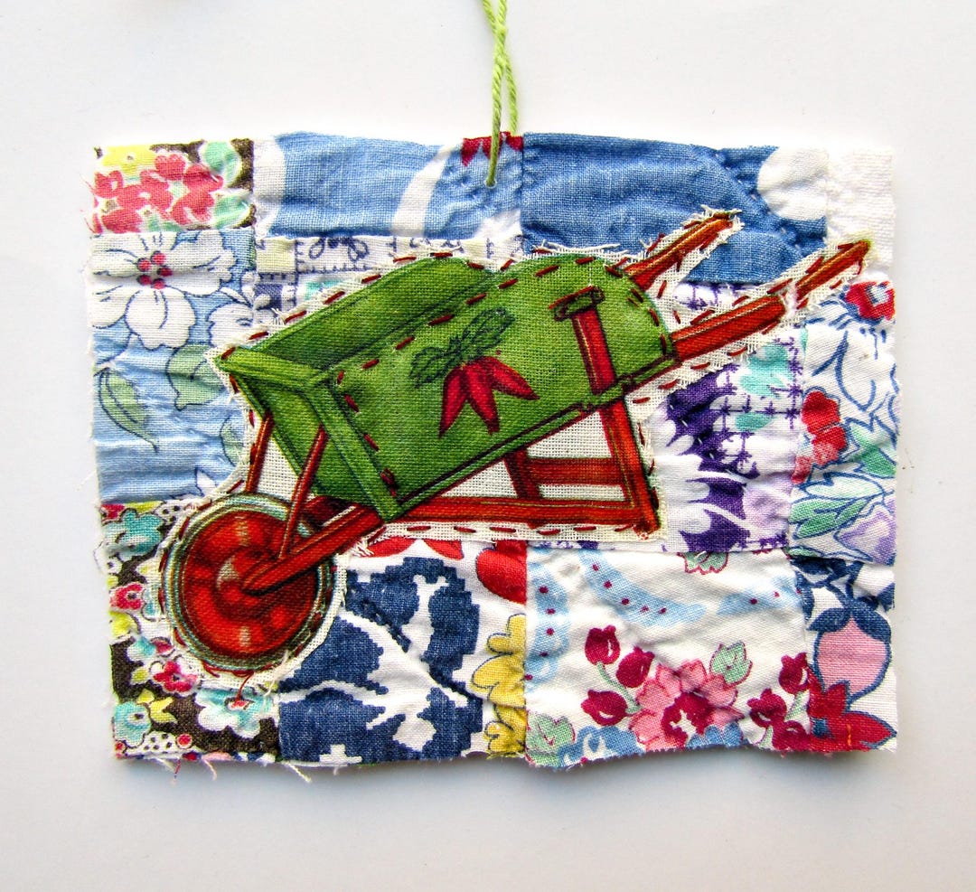 Green Garden Wheelbarrow Vintage Image W Quilt Piece Ornament, Recycled ...