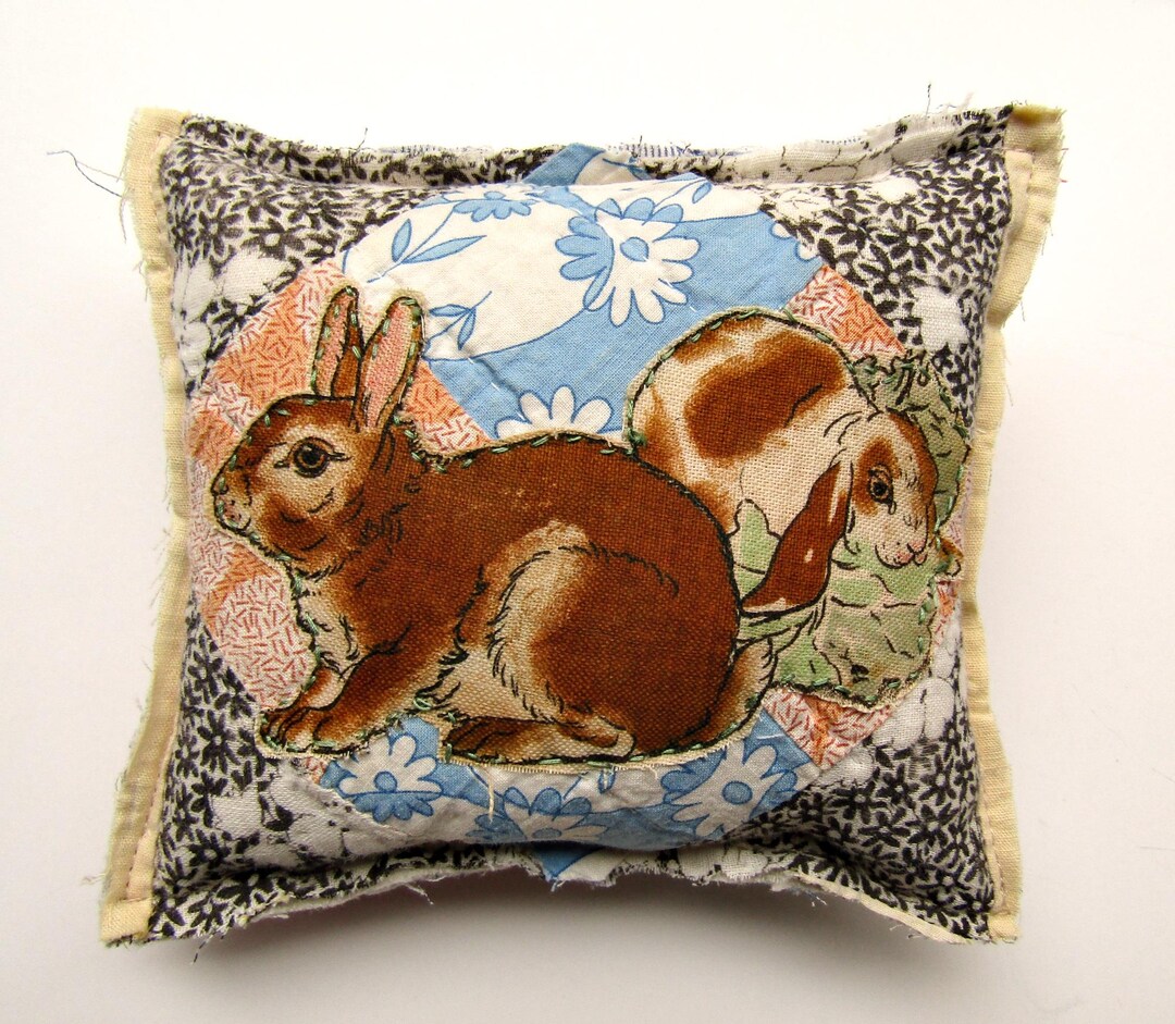 Upcycled Vintage Rabbits Scene on Quilt Piece Shelf Tuck, Mini Pillow ...