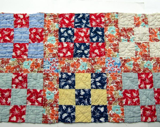 Vintage 1930's Feedsack Fabrics Quilt Section, 9 Patch Multi Colors ...