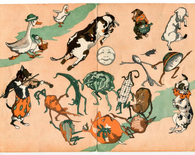 Hey Diddle Diddle Nursery Rhyme Scene W Dancing Veggies Antique 1920's ...