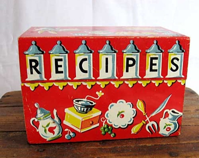 Vintage 1950's Bright Red Metal Recipe Box W Kitchen Images - Etsy