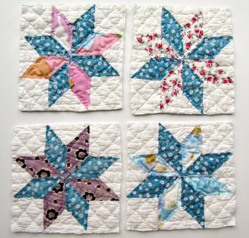 4 Vintage Cotton Fabrics Stars Quilt Blocks, 8 Point Stars Design for ...