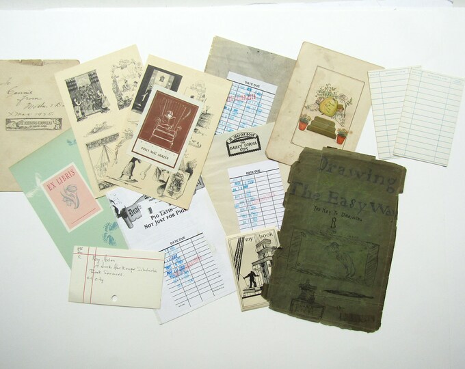 Lot of Vintage Library Discard Artifacts, Date Stamp Pages, Bookplates ...