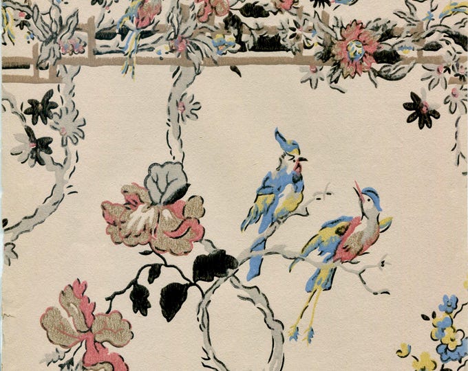 Vintage 1940 Flowers and Birds Chintz Style Design Wallpaper Print for ...