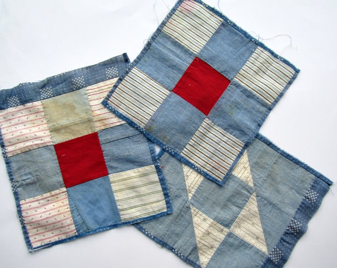 Three Worn and Aged Antique 1900 Era Red, White, Blue Patchwork 9 Patch ...