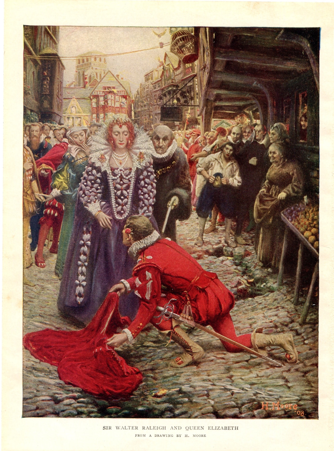 Sir Walter Raleigh and Queen Elizabeth Antique 1930's Illustration ...