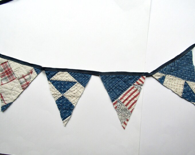 Primitive Antique Quilt Piece Banner, Flags, Garland, Wall Decor Upcycled Quilt Pieces, Indigo ...