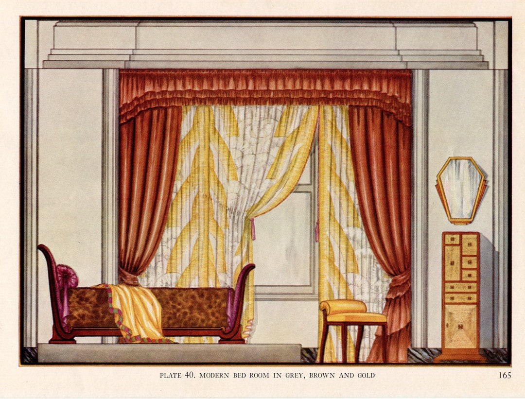 Vintage 1937 Art Deco Interior Decorative Drapes, Textiles Bookplate ...