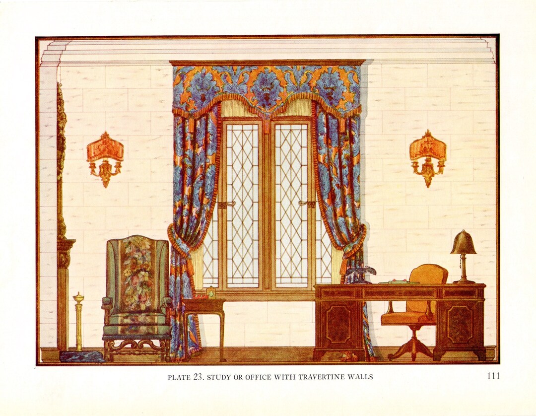 Vintage 1937 Art Deco Interior Decorative Drapes, Textiles Bookplate ...