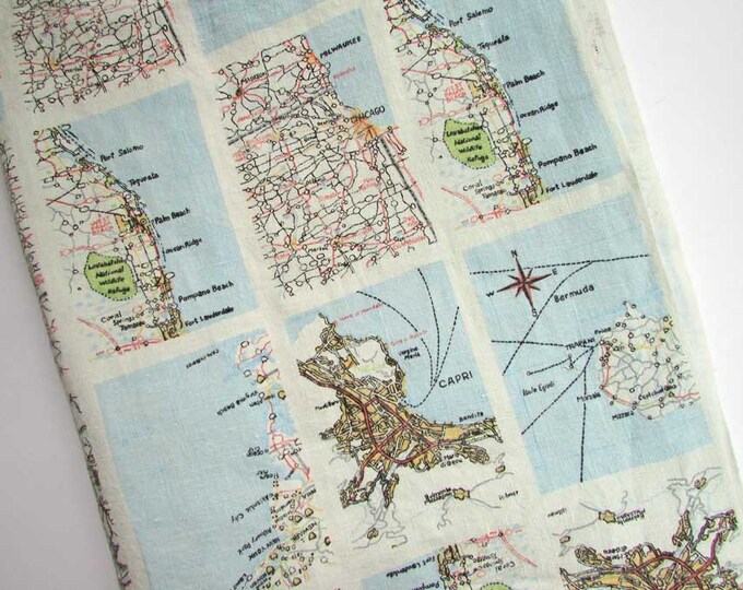 Vintage Maps Design Decor Fabric, 1970's Fabric With a Grid Maps ...