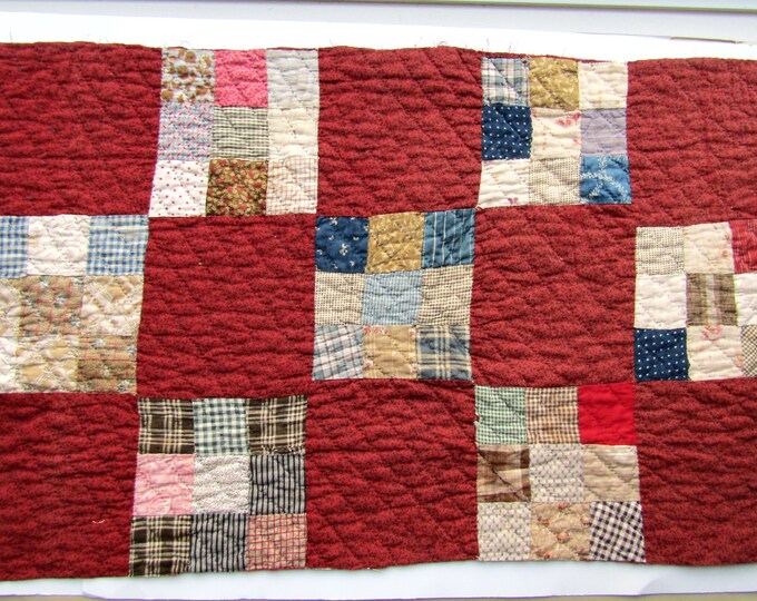 Antique 1910 Era Calico 9 Patch and Red Calico Cotton Quilt Section ...