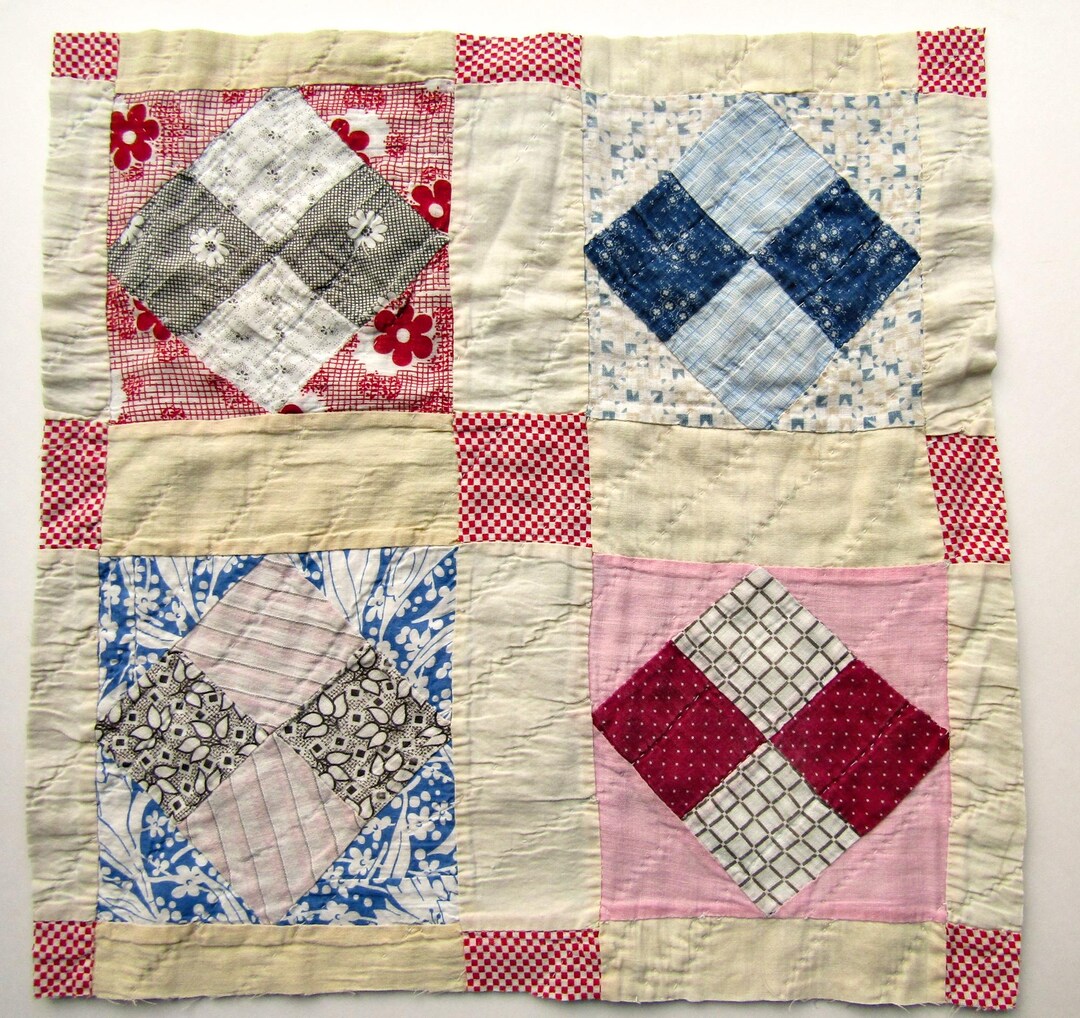 Antique 1920s Farmhouse Feedsack Patchwork Quilt Squares Block, Four ...