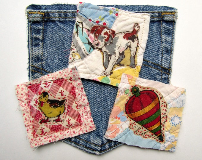 Set of 3 Antique & Upcycled Mini Quilt Pc Ornaments for Journals ...