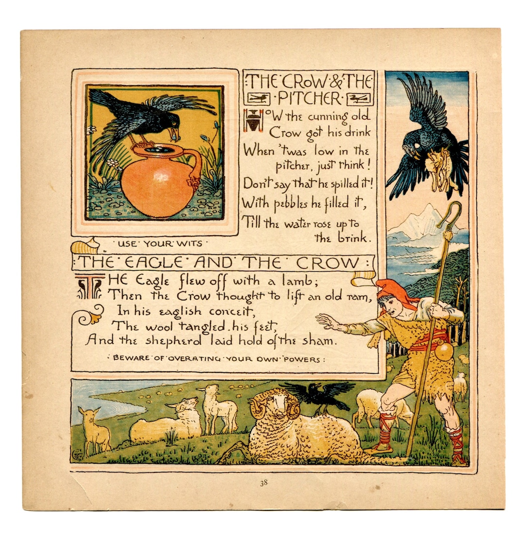 Victorian Walter Crane Aesop Fables Bookplate Illustration Print, Crow ...