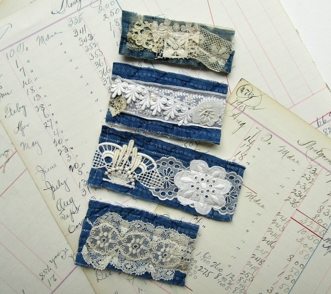 4 Antique Indigo Blue Calico Snippet Pieces With Lace Embellishments ...