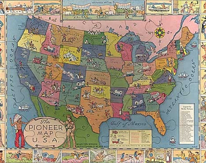 1939 Child's Pioneer Map of the USA With State Shaped Puzzle Pieces ...