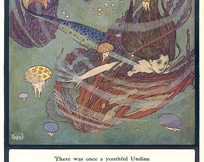 Vintage 1920's Mermaid Undine Playing in Water Illustration Print Verse ...