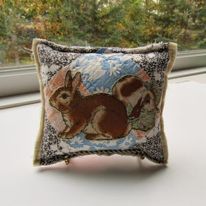 Upcycled Vintage Rabbits Scene on Quilt Piece Shelf Tuck, Mini Pillow ...