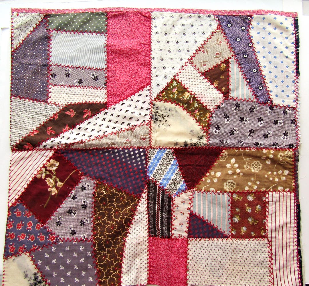 Antique 1890's Calico All Cottons Quilt Section, Outline Stitched ...