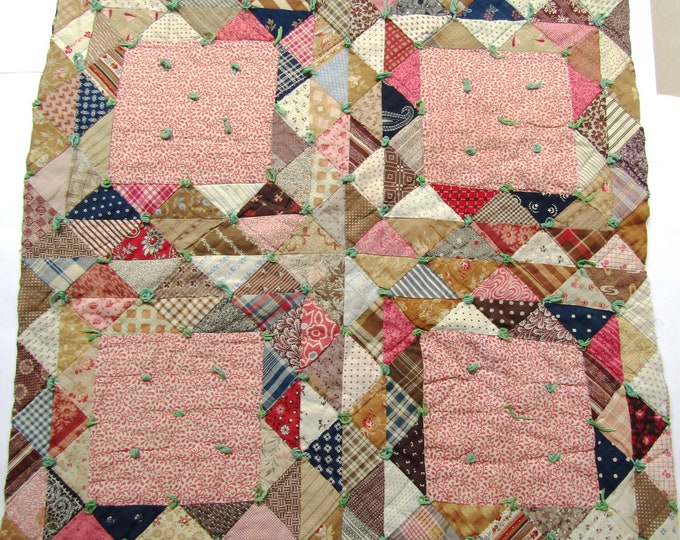 Antique 1890 Era Calico Fabrics Geese and Block Tied Quilt Section for ...