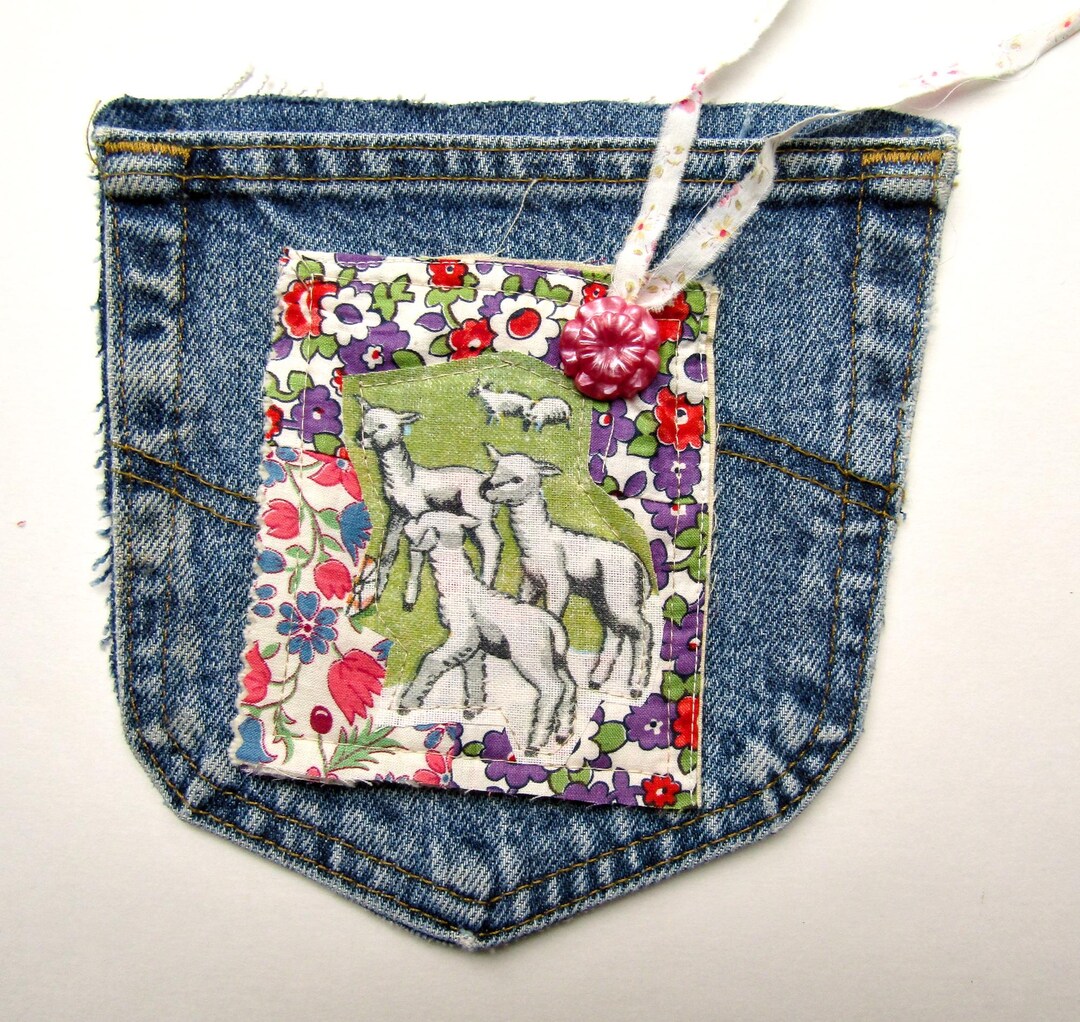 Vintage Quilt Piece and Baby Lambs Patch Ornament, Gift Tag, Recycled ...