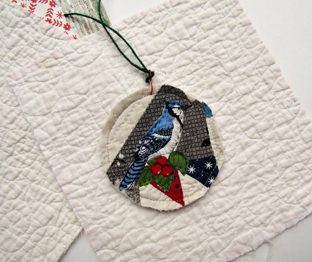 Blue Jay Bird Patchwork Quilt Hanger Ornament, Decoration, Upcycled ...