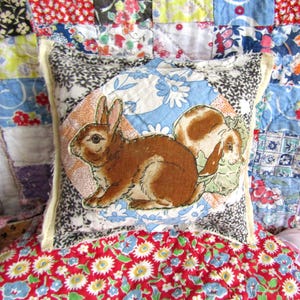 Upcycled Vintage Rabbits Scene on Quilt Piece Shelf Tuck, Mini Pillow ...