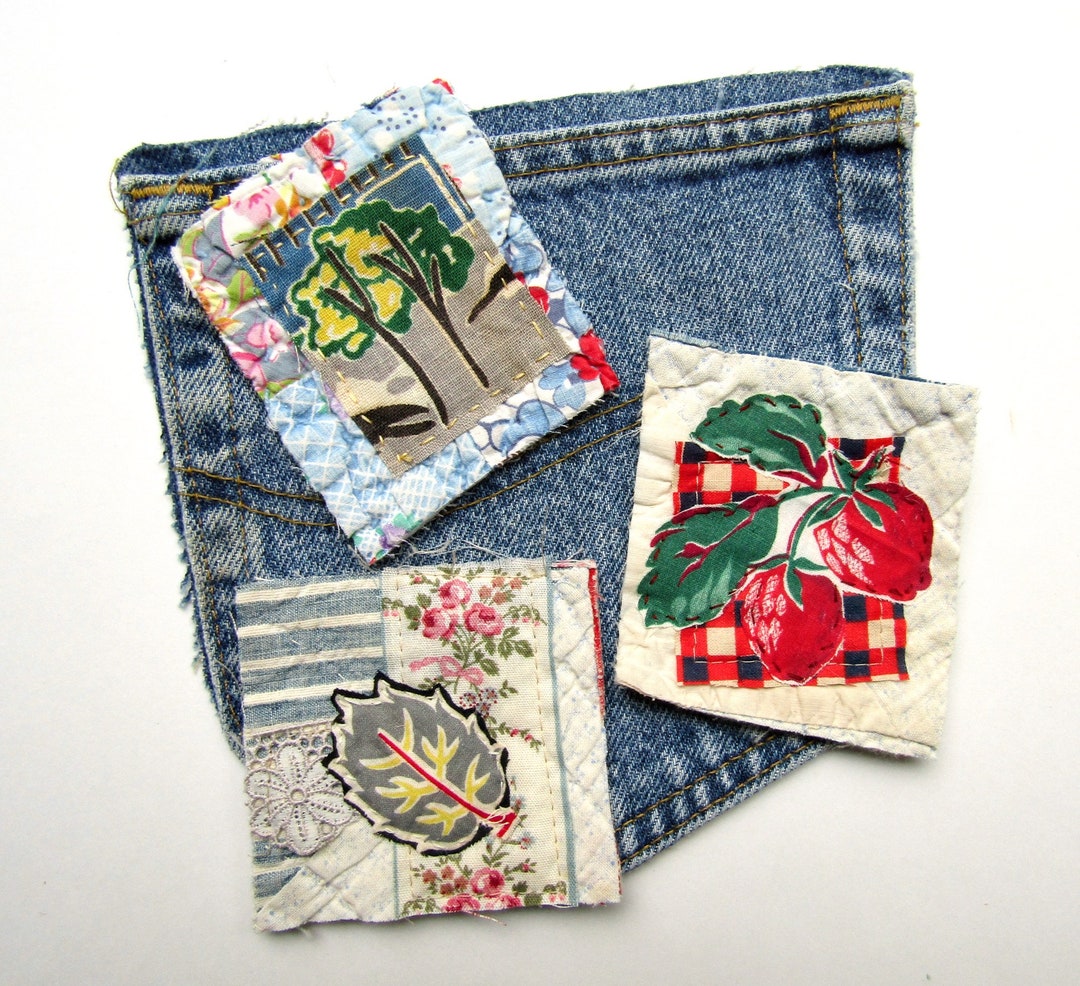 Set of 3 Antique & Upcycled Mini Quilt Pc Ornaments for Journals ...
