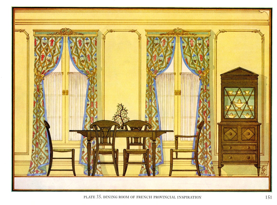 Vintage 1937 Art Deco Interior Decorative Drapes, Textiles Bookplate ...