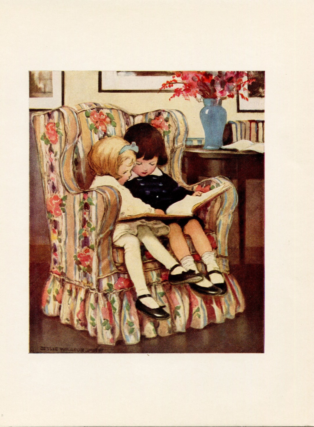 Vintage 1920's Children Reading a Book in Big Upholstered Chair ...