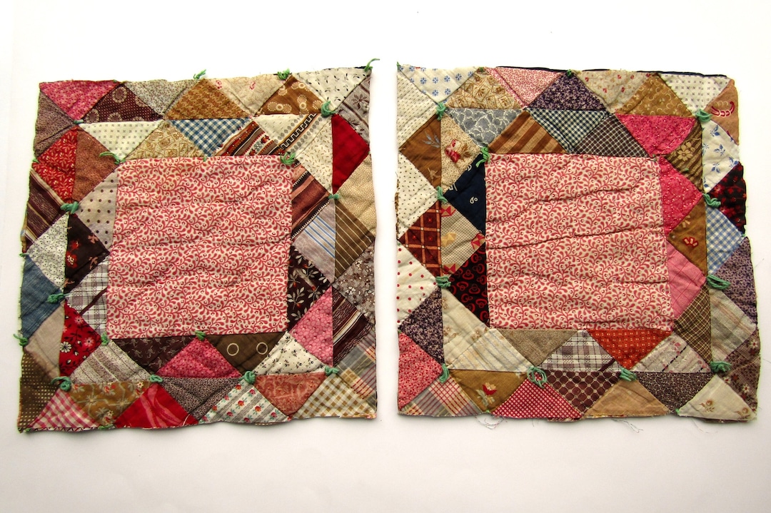 Two Antique 1890 Era Calico Fabrics Geese and Block Quilt Blocks for ...