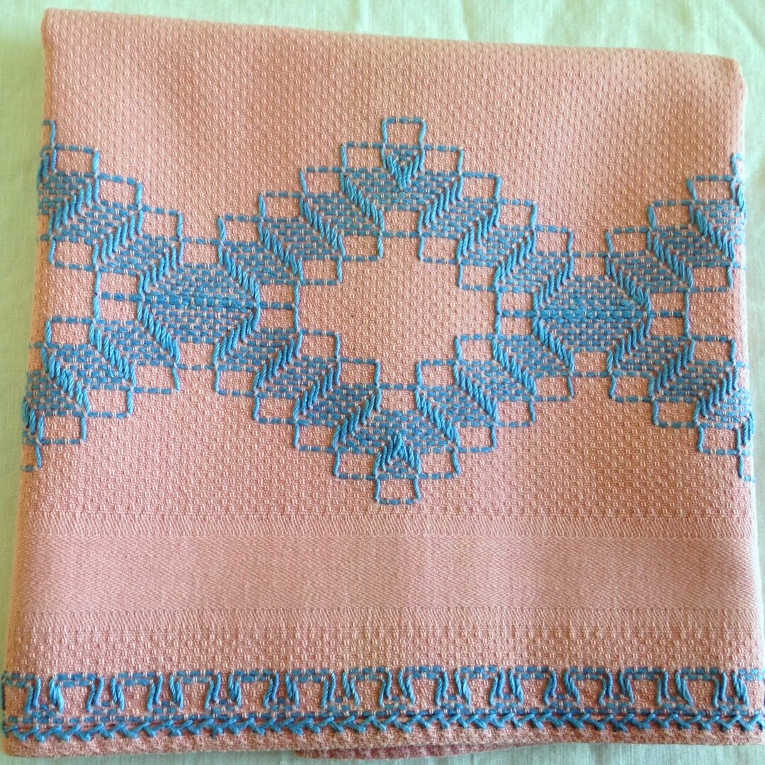 New Vintage Swedish Huck Towel, Hand Woven Embroidery, Light Salmon ...