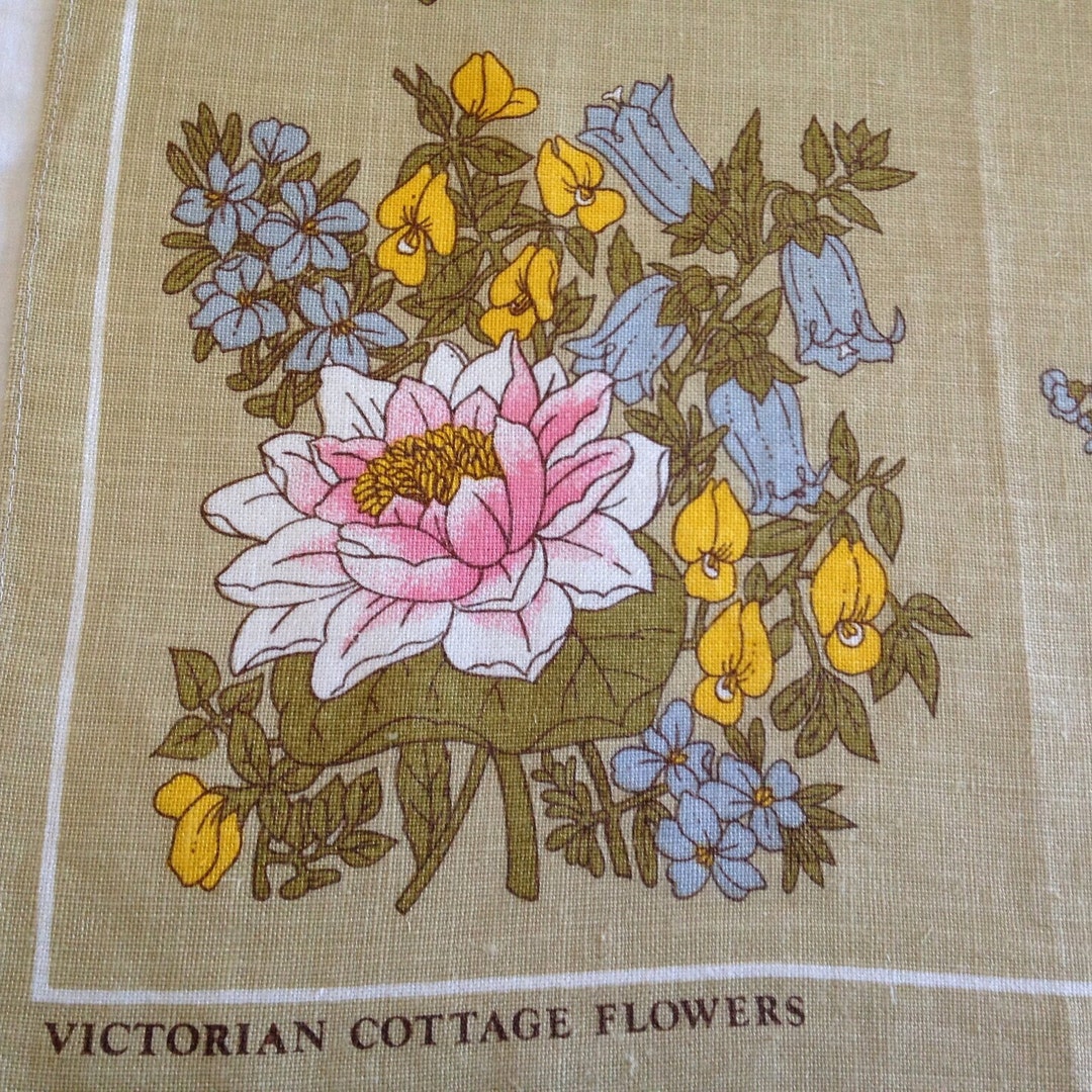 Vintage Tea Towel Victorian Cottage Flowers, Botanical Linen Kitchen ...