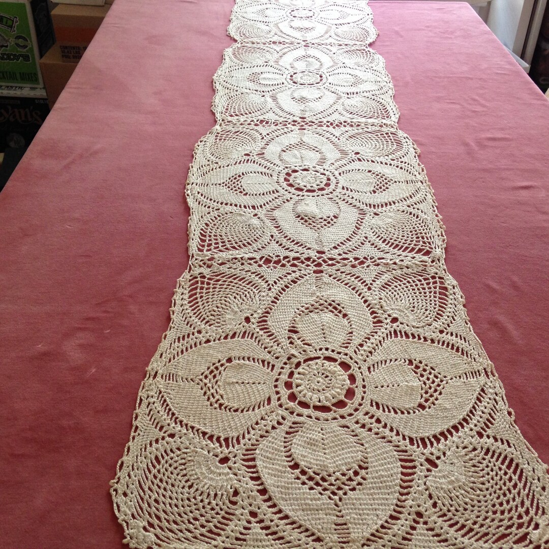 Vintage Crocheted Table Runner Centerpiece 66 Inches Flowers and ...