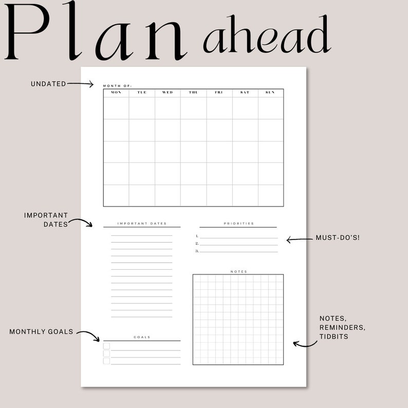 Minimalist Monthly Planner Printable, Undated Planner, Monthly Calendar ...
