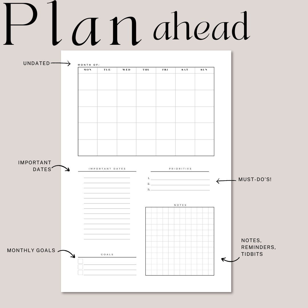 Minimalist Monthly Planner Printable, Undated Planner, Monthly Calendar ...
