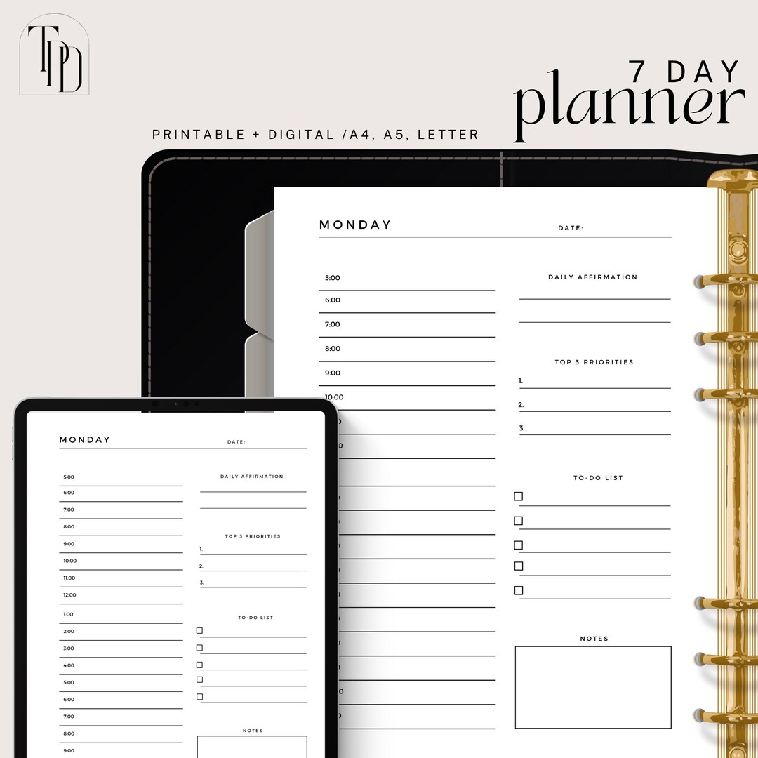 7 Day Planner Printable + Digital - Weekly Agenda, Hourly Schedule ...