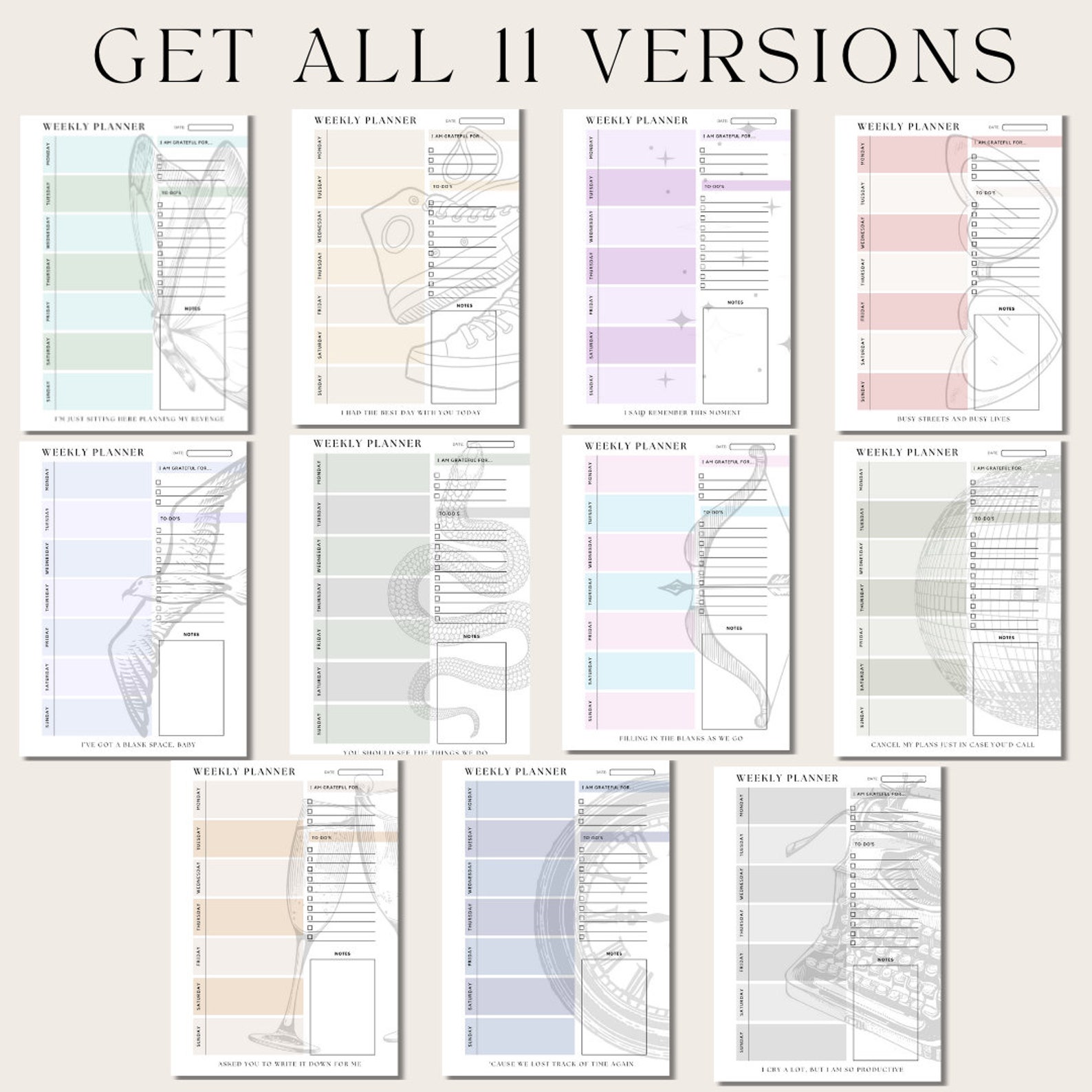 Swiftie Weekly Planner Printable Bundle Horizontal Schedule Minimal ...