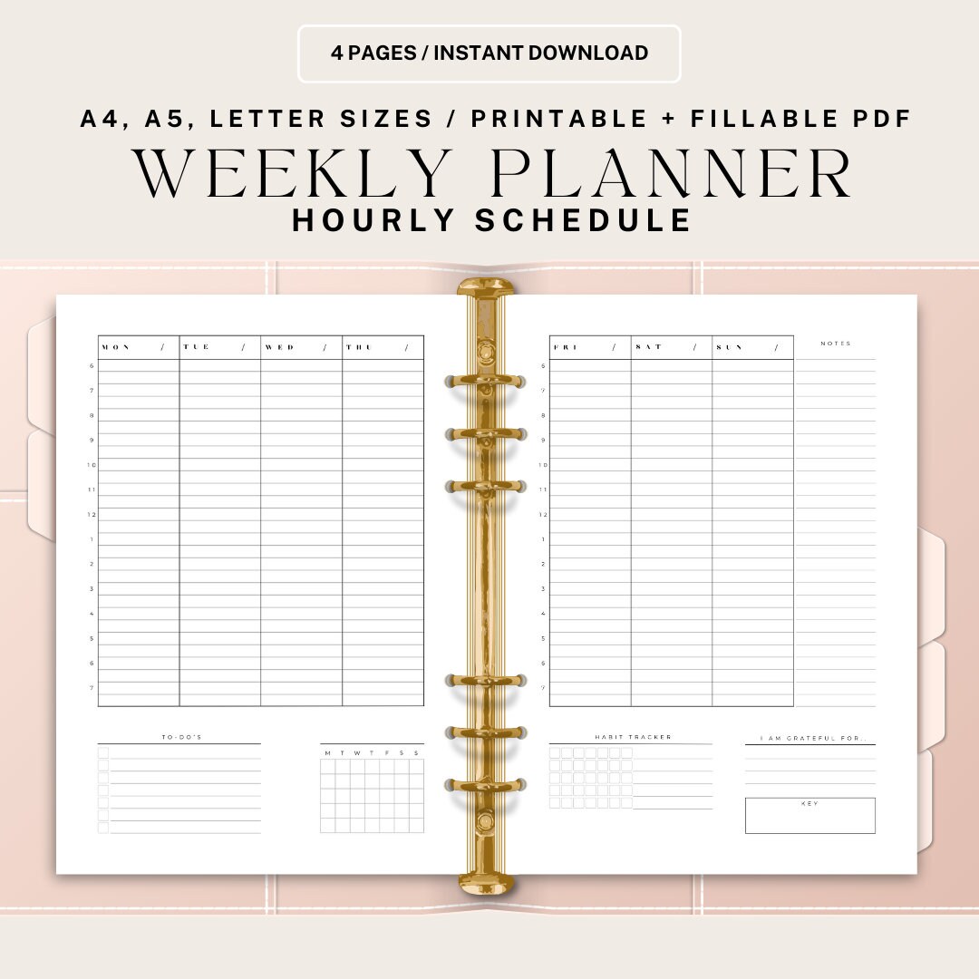 Hourly Planner Printable, Undated Weekly Planner, Minimalist Weekly ...