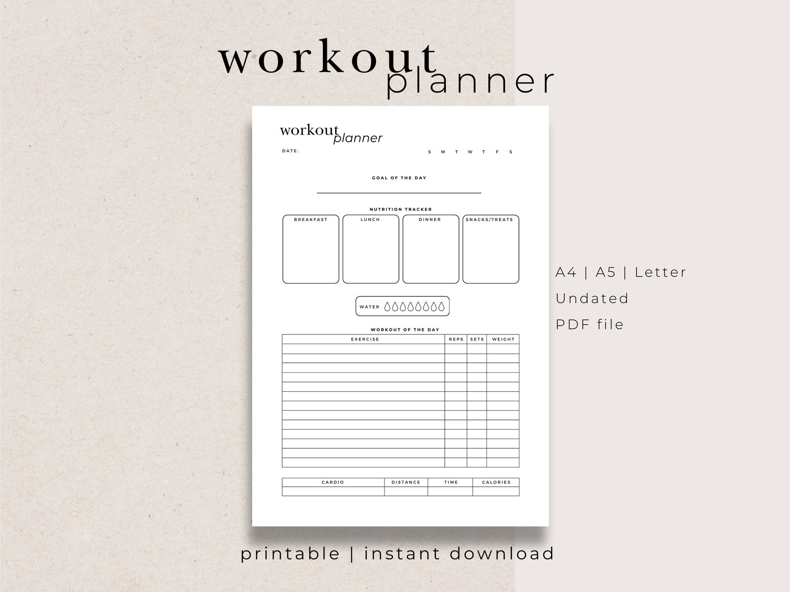 Workout Planner Printable, Exercise Tracker, Meal Planner, Nutrition ...