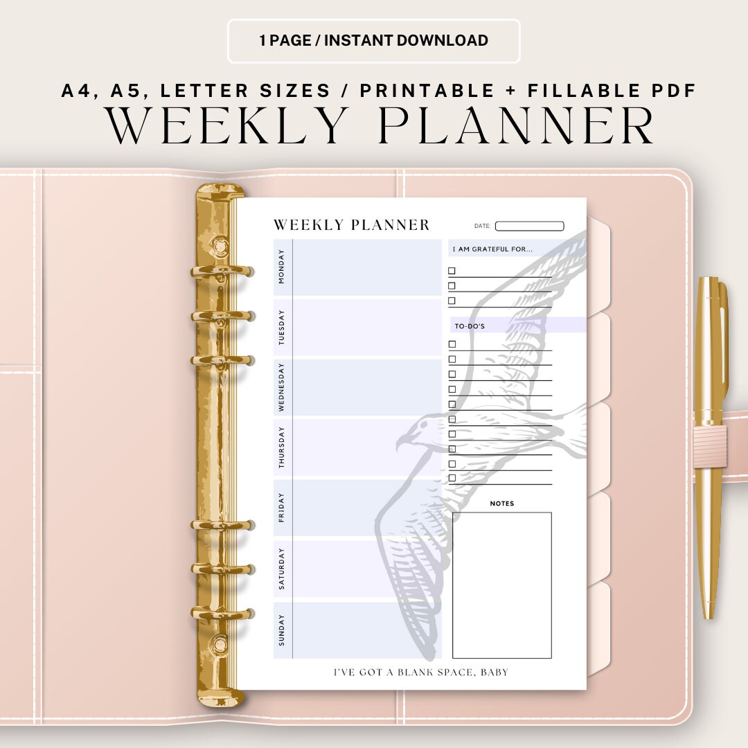 Swiftie Weekly Planner Printable Horizontal Schedule Minimal Weekly ...