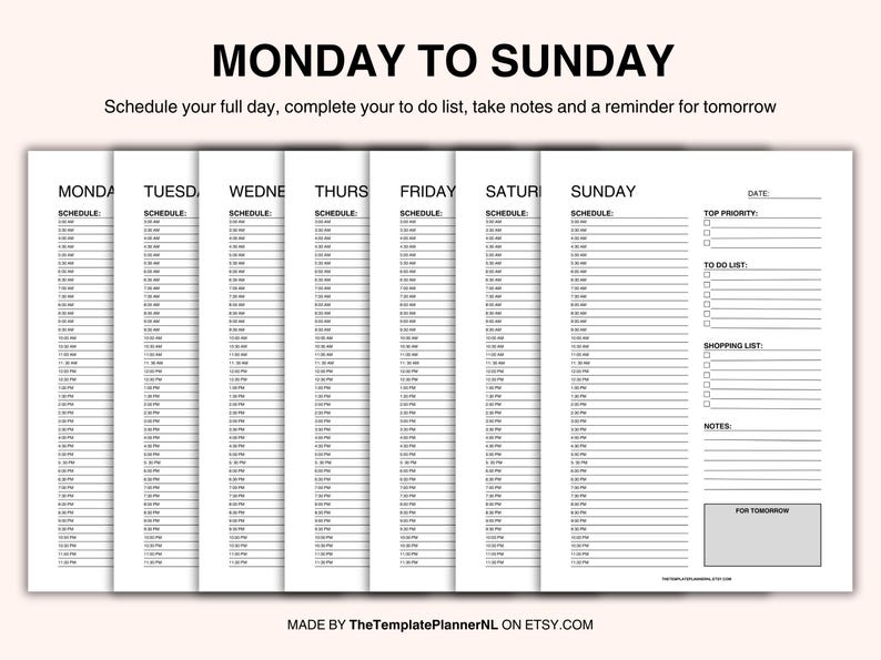 Printable Daily Planner Monday to Sunday Daily Schedule A4, A5 and US ...
