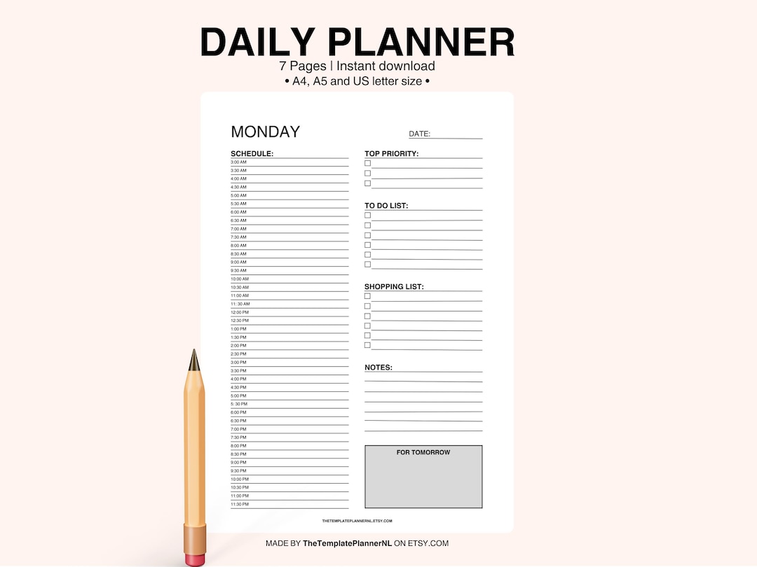 Printable Daily Planner Monday to Sunday Daily Schedule A4, A5 and US ...