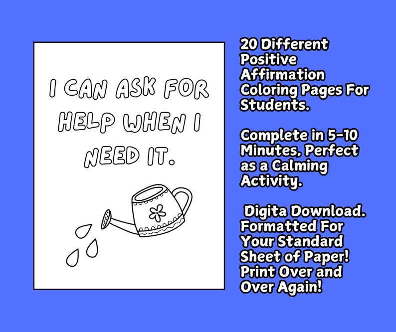 20 Positive Affirmation Coloring Sheets, Calming Activity for Students ...