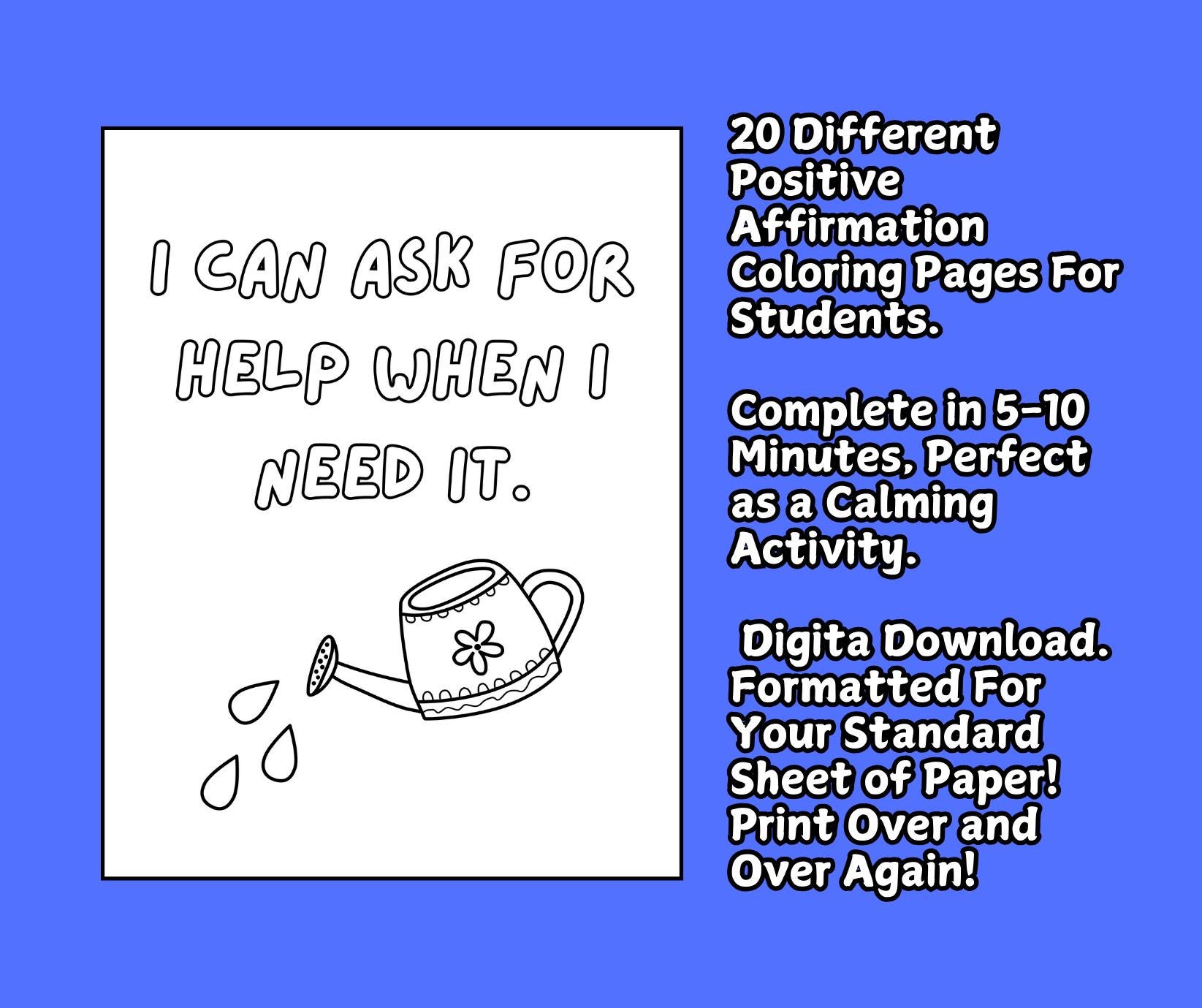 20 Positive Affirmation Coloring Sheets, Calming Activity for Students ...