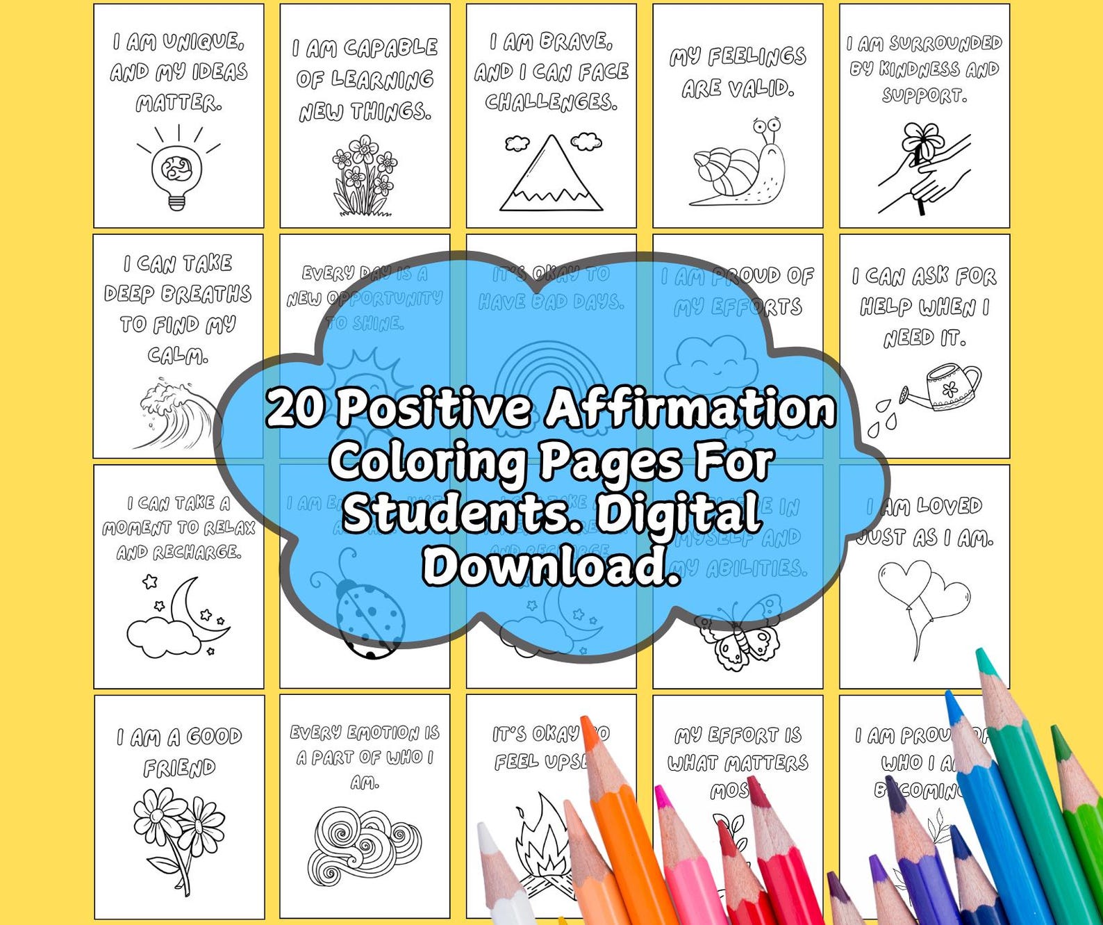20 Positive Affirmation Coloring Sheets, Calming Activity for Students ...