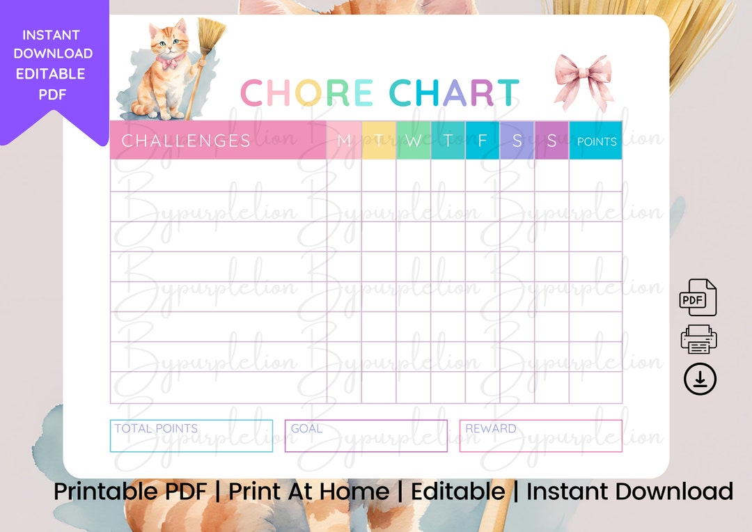 Chore Chart for Kids Cat Themed Customizable Weekly Responsibility ...