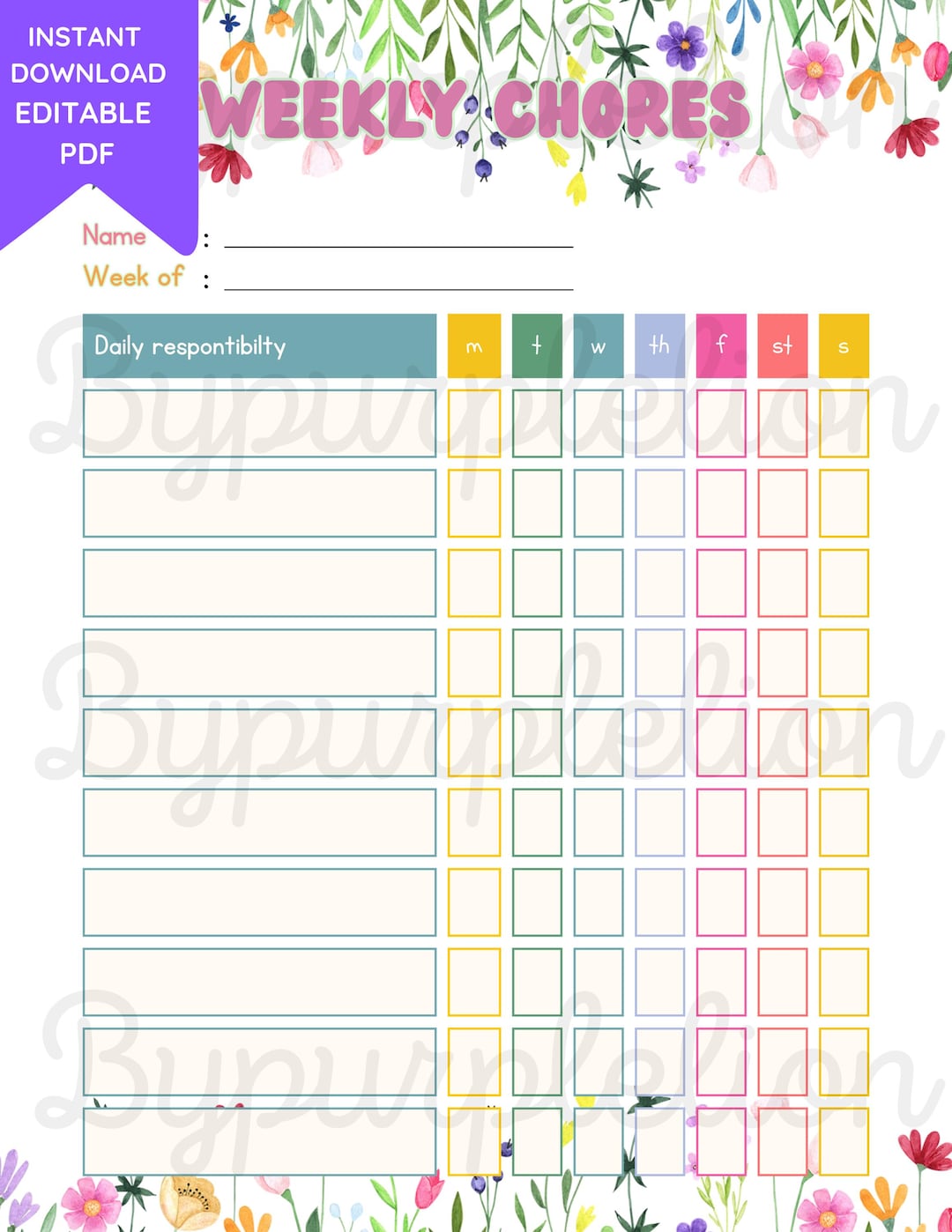 Kids Weekly Chores Chart Printable: Editable Homeschool Planner (PDF ...