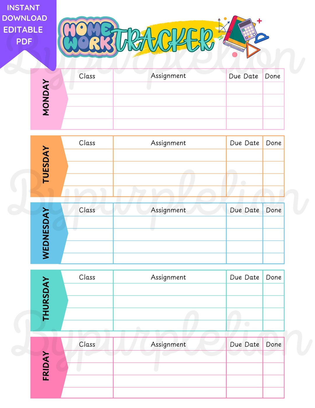 Editable Homework Tracker Printable: Student Assignment Planner (PDF ...