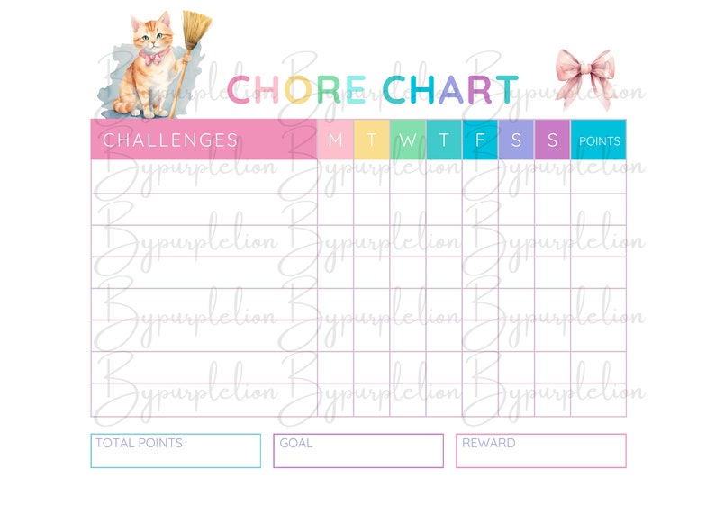Chore Chart for Kids Cat Themed Customizable Weekly Responsibility ...